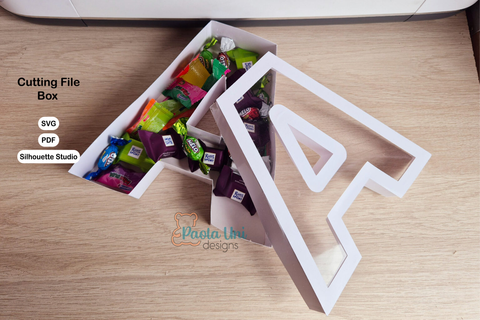 Archivo para recortar y armar caja en forma de letra A - Paolaunidesigns